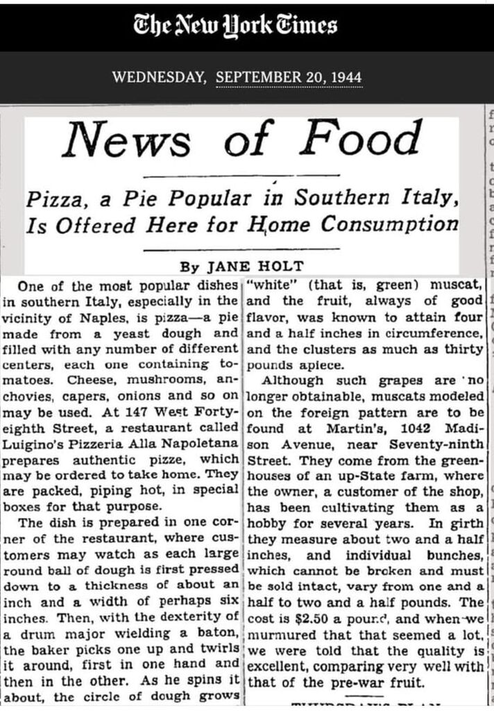 NY Times article about the first takeout pizza in the US - Culture ...